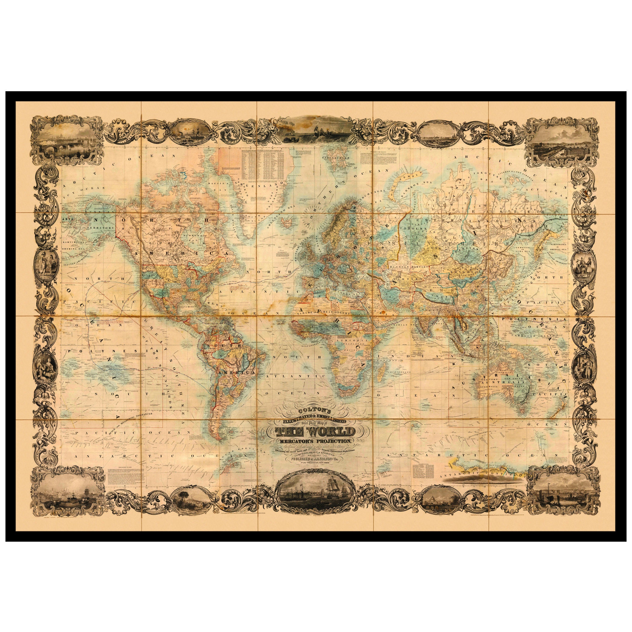 WORLD MAP, 1857. Old Map Reprint. Linen Backed, Folded Map. Wall Decor ...