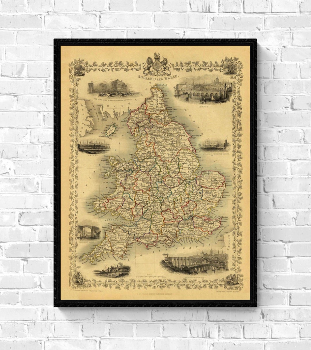 ENGLAND & WALES MAP, 1851. Old Map Reprint. Linen Backed, Folded Map ...
