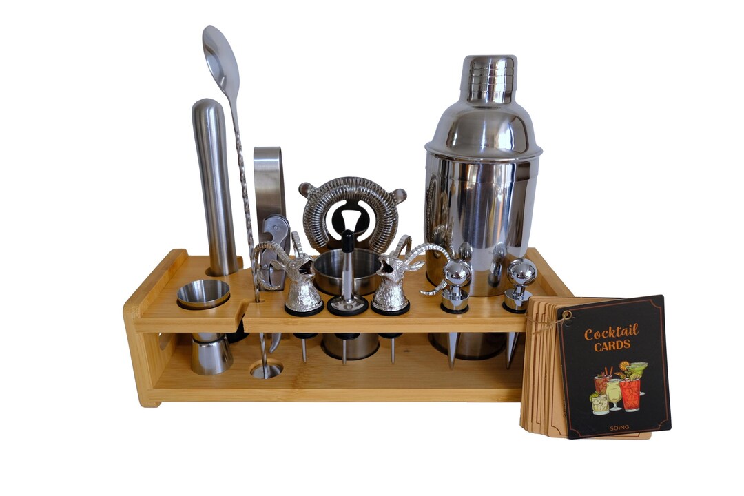 14-piece Premium Barware Set With Bamboo Stand and Cocktail Recipe Book ...