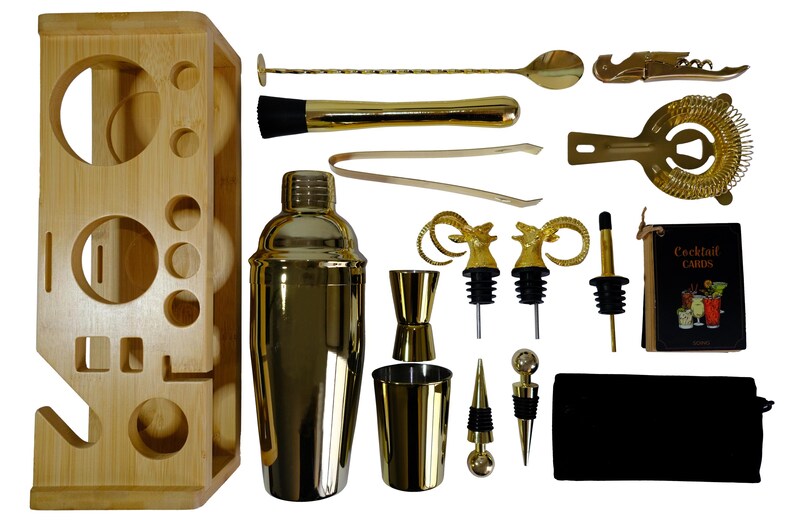 Premium Barware Set – Cocktail Kit With Bamboo Stand & Recipe Book - Etsy