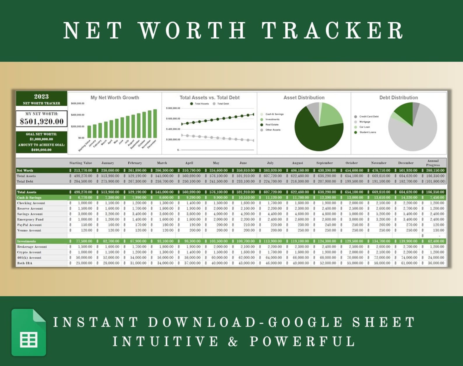 Net Worth Tracker Spreadsheet for Google Sheets, Net Worth Calculator ...