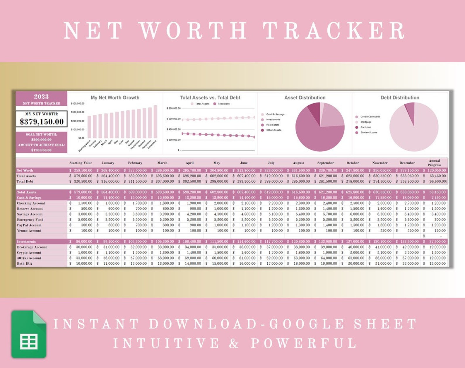 Net Worth Tracker Spreadsheet for Google Sheets, Net Worth Calculator ...