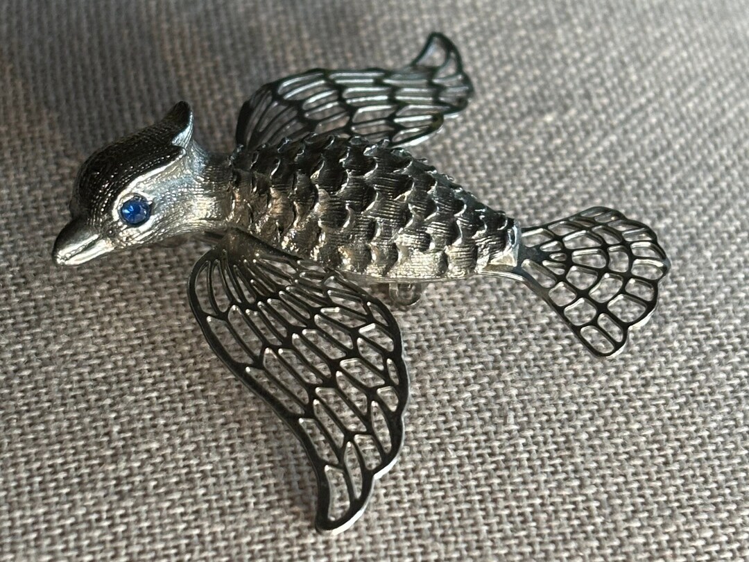 Small Silver Tone Bird Brooch With Open Wings and Open Tail and Blue ...