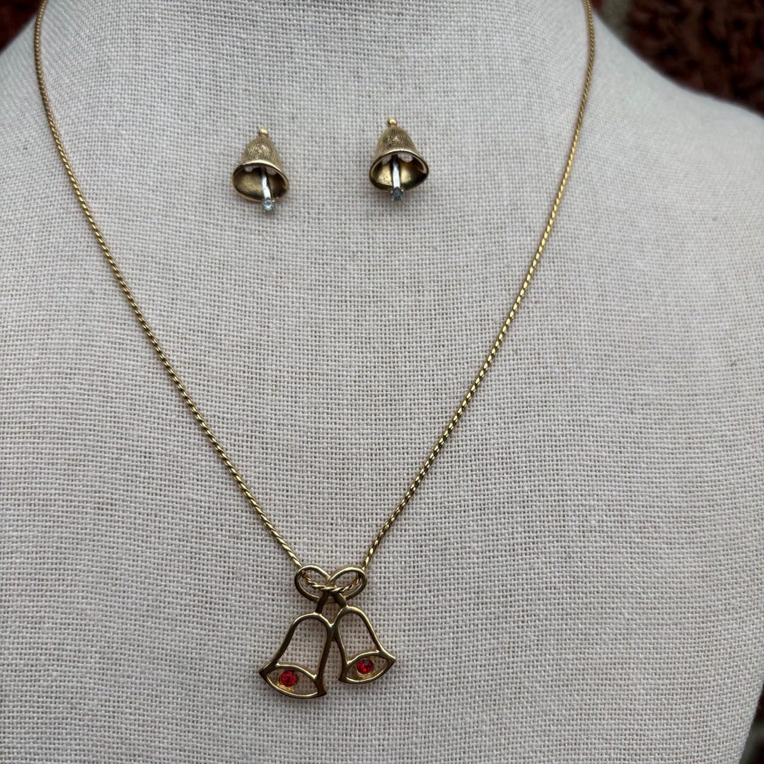 Vintage Avon Christmas Bell Jewelry Set, Gold Tone, Rhinestone Accents ...