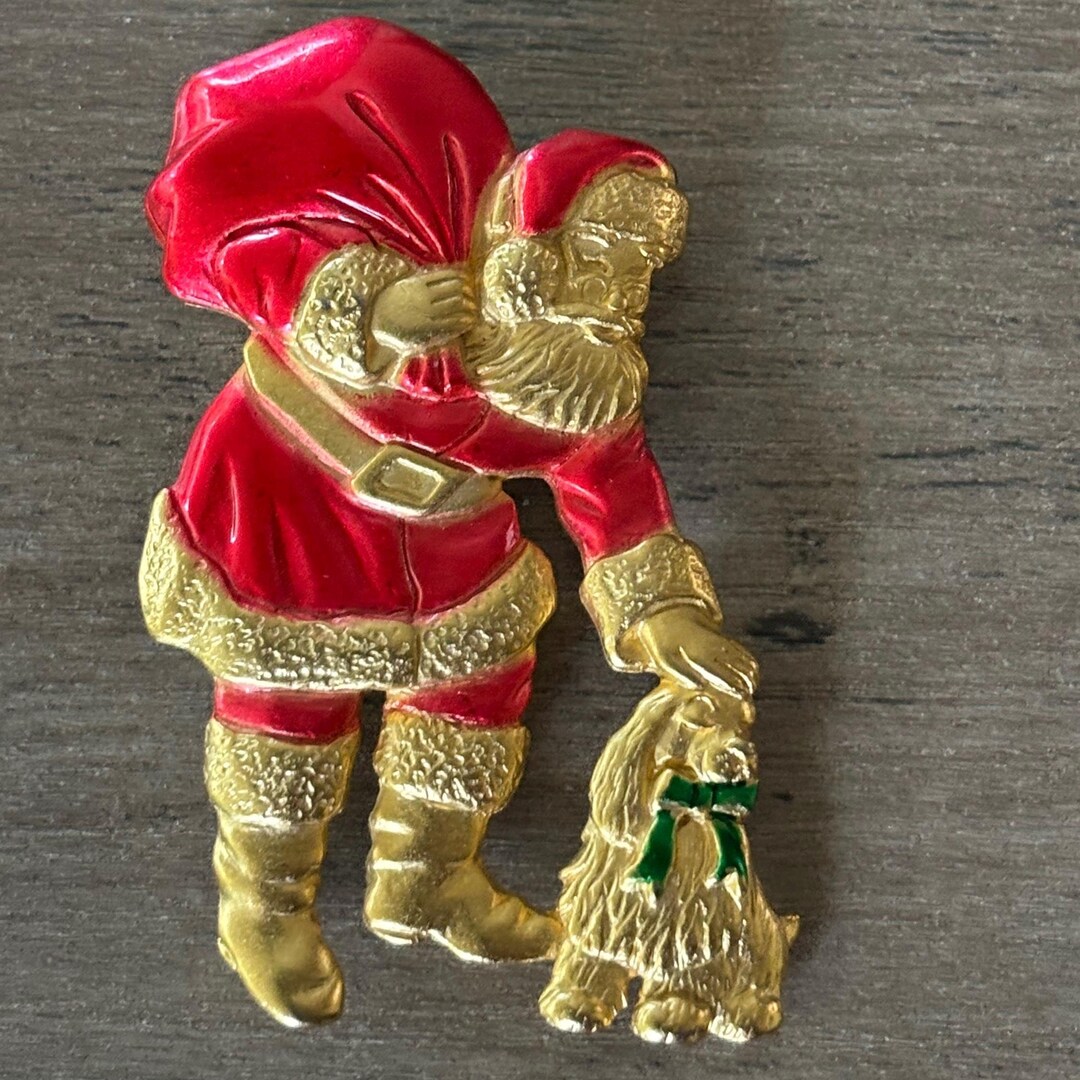Vintage JJ Signed Santa Petting a Dog Brooch - Vintage Estate Find - Etsy
