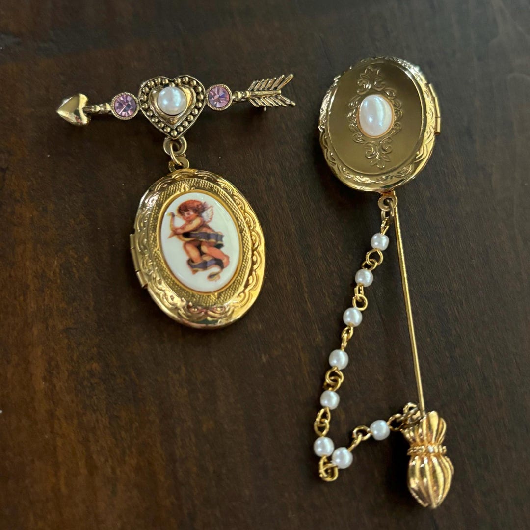 Lot of 2 Gold Tone Locket Pins Avon Signed Locket Brooch Pin With Faux ...