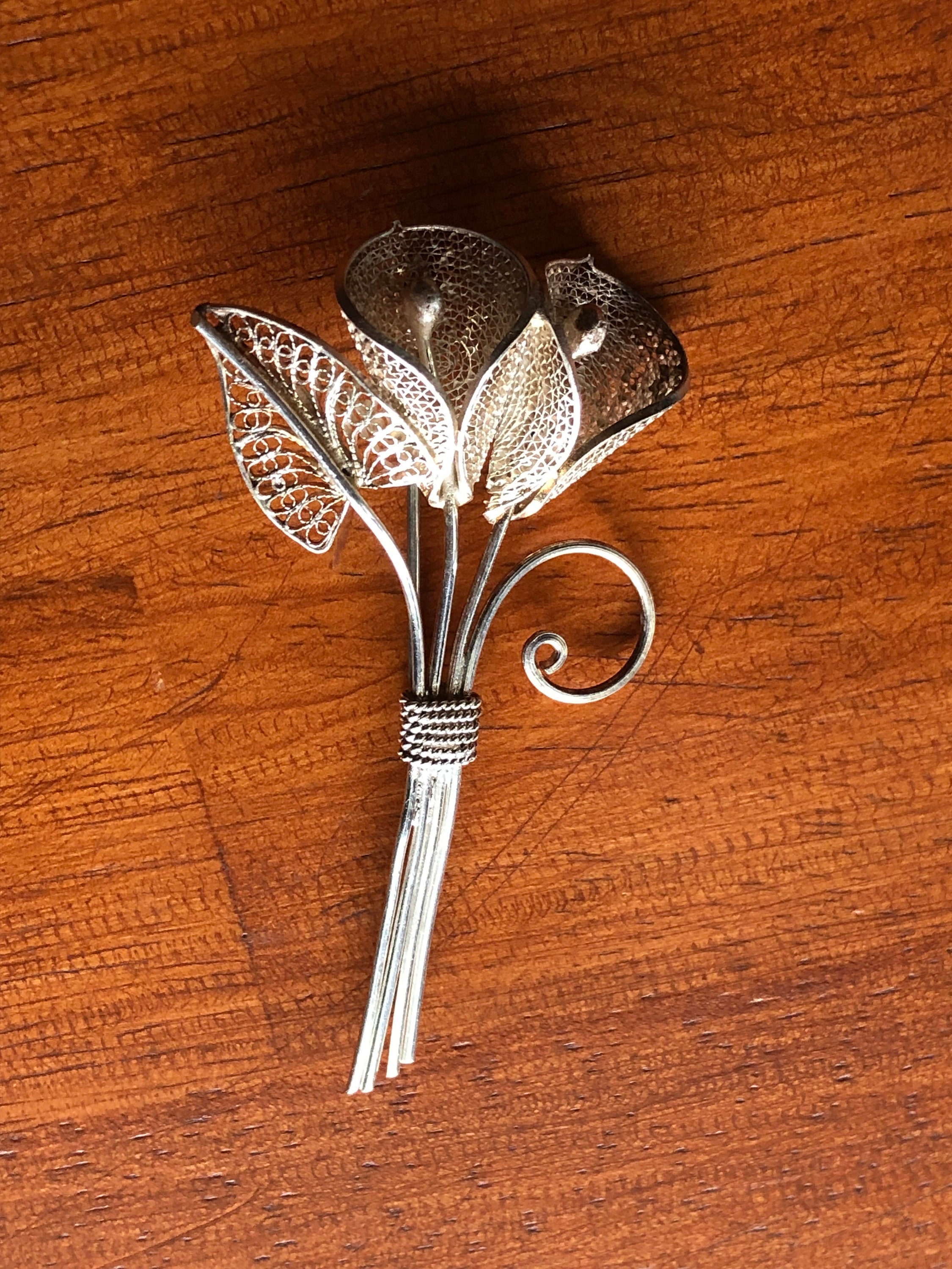 Beautiful Sterling FAS Signed Calla Lily Brooch Intricate Open Work 925 ...