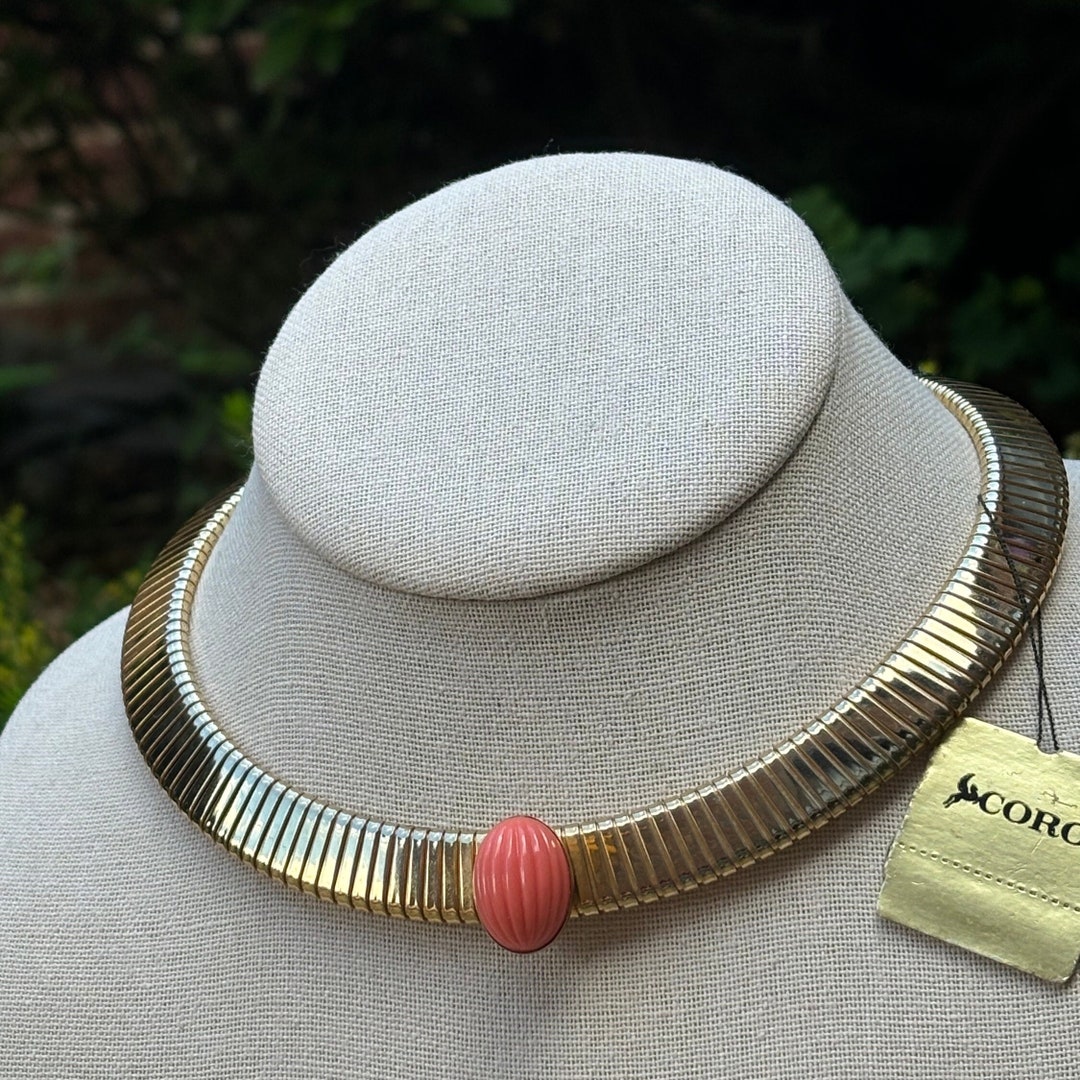 Vintage Gold Tone Stretch Omega Collar Necklace With Pink Molded ...