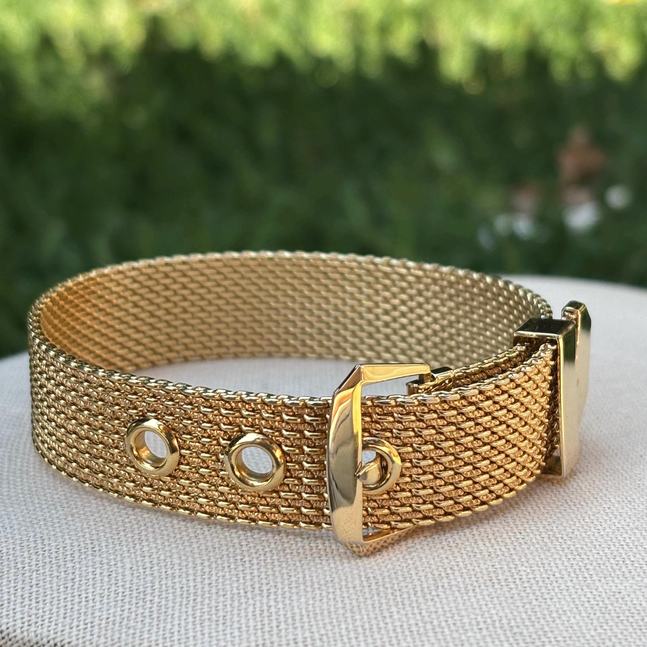 Vintage Avon Gold Tone Woven Mesh Belt Buckle Style Bracelet Adjustable ...