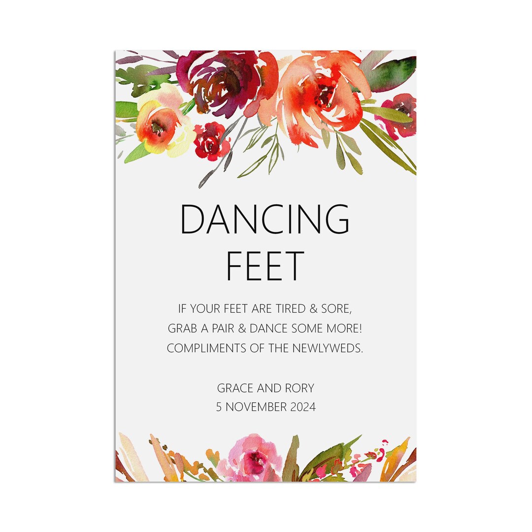 Dancing Feet, Flip Flop Wedding Sign Red Floral Personalised & Printed ...