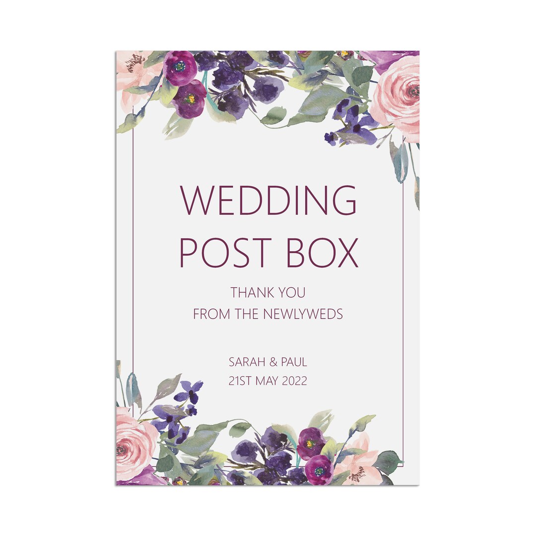 Wedding Post Box Sign Purple Floral Personalised A5, A4 or A3 - Etsy