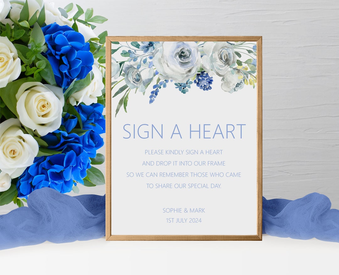 Blue Floral Sign A Heart Wedding Sign personalised & Printed, A5, A4 ...
