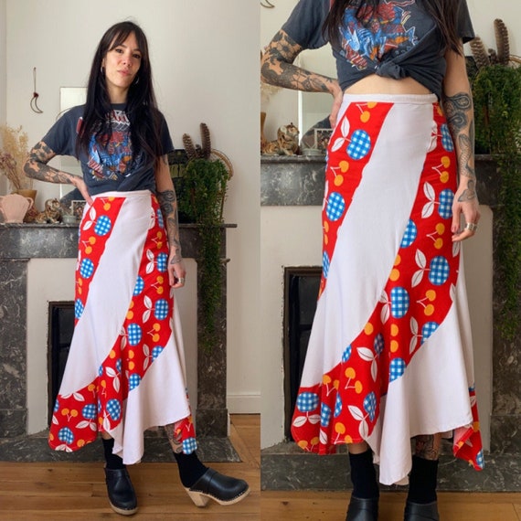 Vintage 1970s patchwork long tulip skirt with apple a… - Gem
