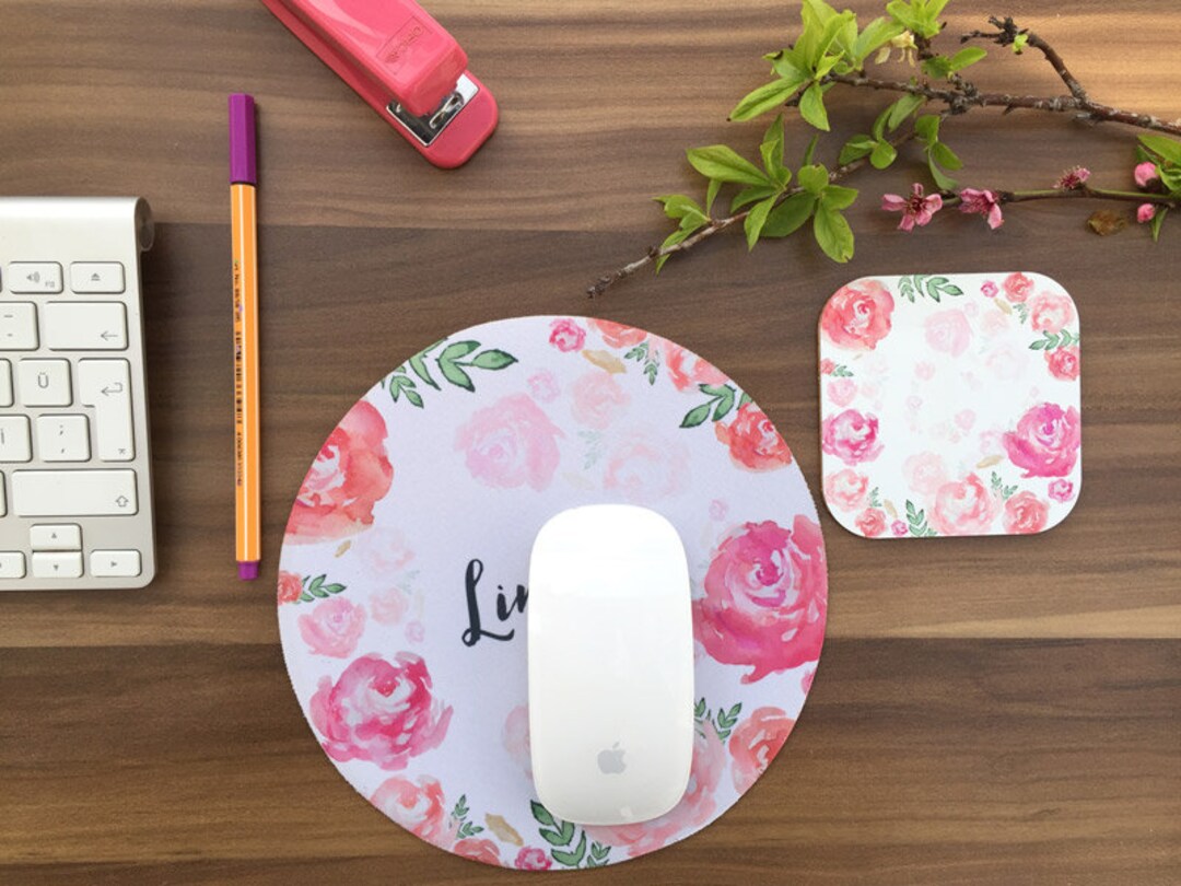 Personalized Mouse Pad, Drink Coaster Watercolor Mouse Mat Wreath Mouse ...