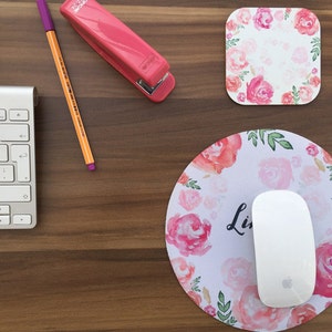 Personalized Mouse Pad, Drink Coaster Watercolor Mouse Mat Wreath Mouse ...