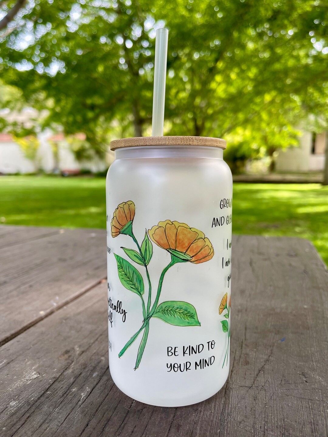 Self Love Affirmation Glass Cup: Golden Flower Design (16oz) - Etsy