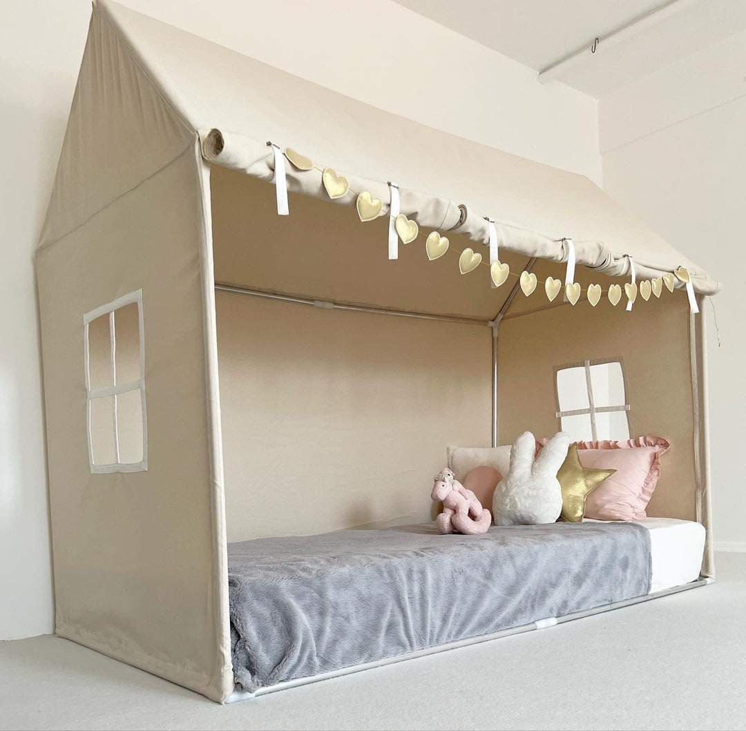 Twin Size Canopy Bed, Beige Canvas Canopy Bed, Canopy Tent, Playhouse ...