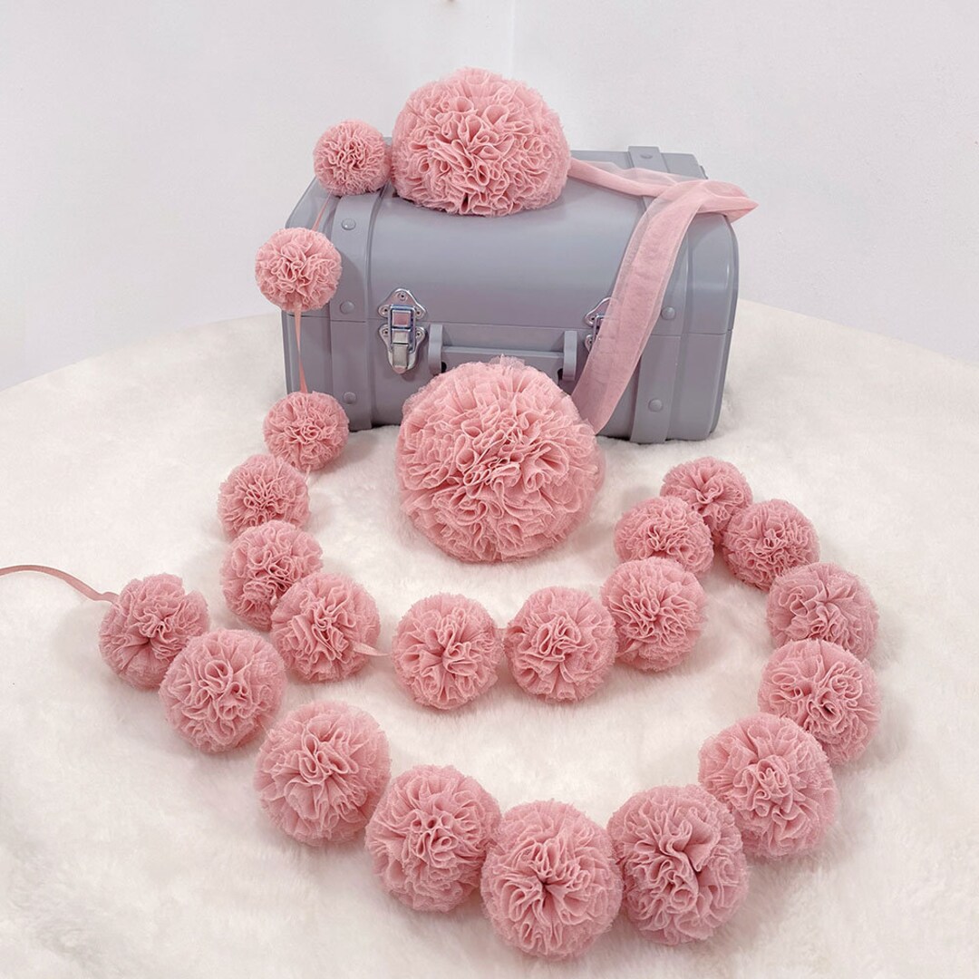 Baby Pink Mini Poms Garland; Tulle Poms; Decoration for Girl Rooms, Pom ...