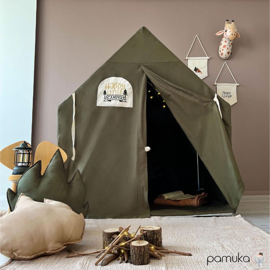 Cotton Kids Playhouse, Army Green Tent, Indoor Play Tent With Windows ...