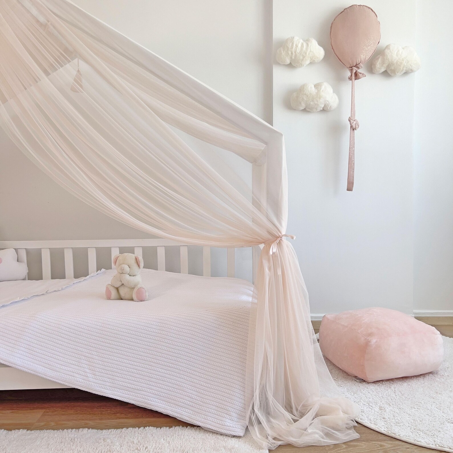 Soft Vanilla Pink Tulle Canopy House Bed Montessori Bed Drapes With ...