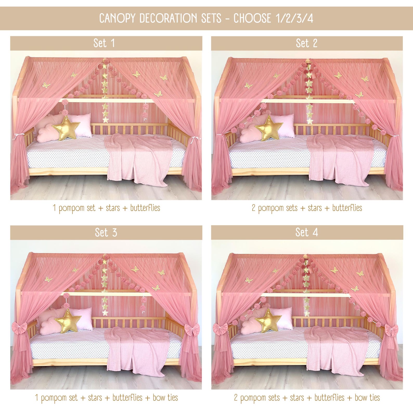 Soft Vanilla Pink Tulle Canopy House Bed Montessori Bed Drapes With ...