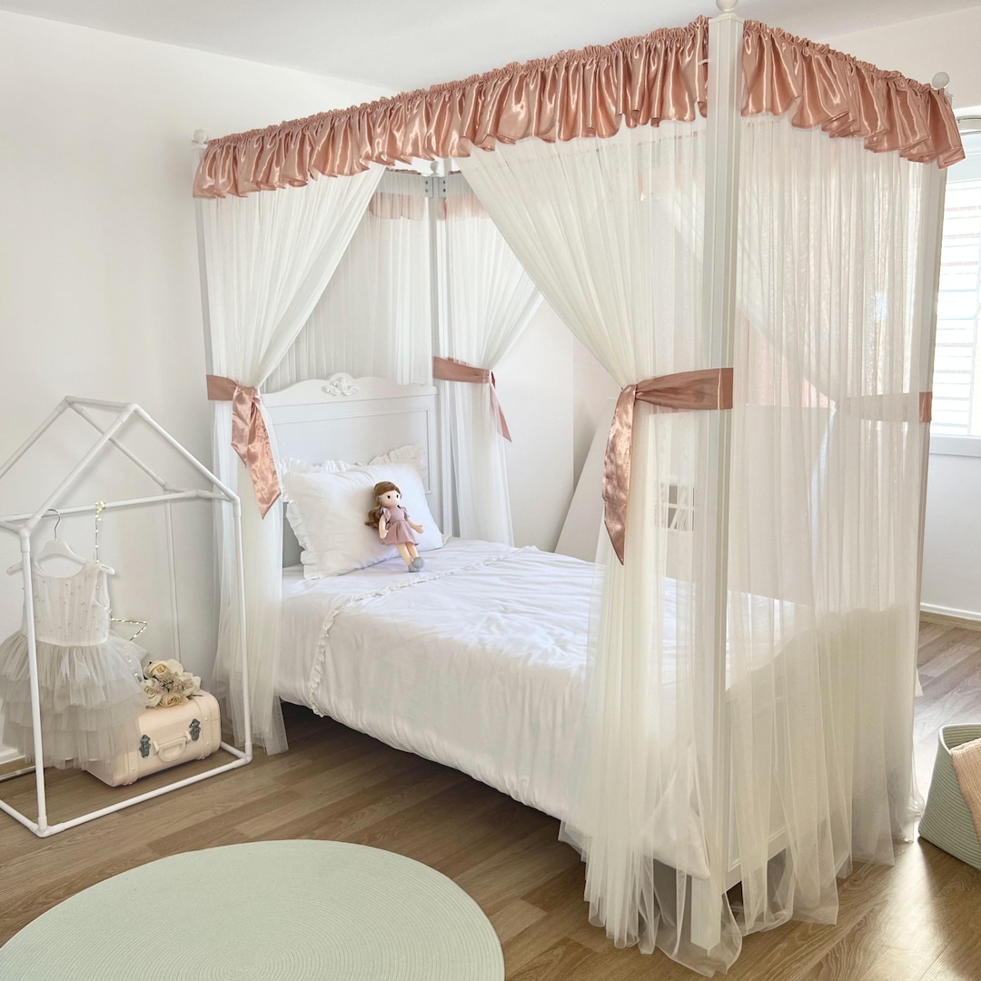 Baby Pink Royal Canopy Bed With Frill, Poster Bed Curtains, Montessori ...