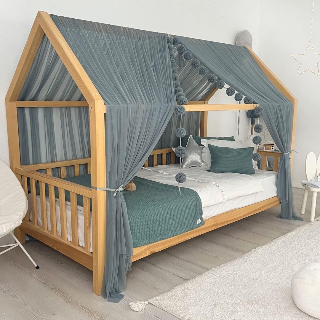 Indigo Blue House Bed Canopy • Custom Montessori Bed Curtains • Fits ...