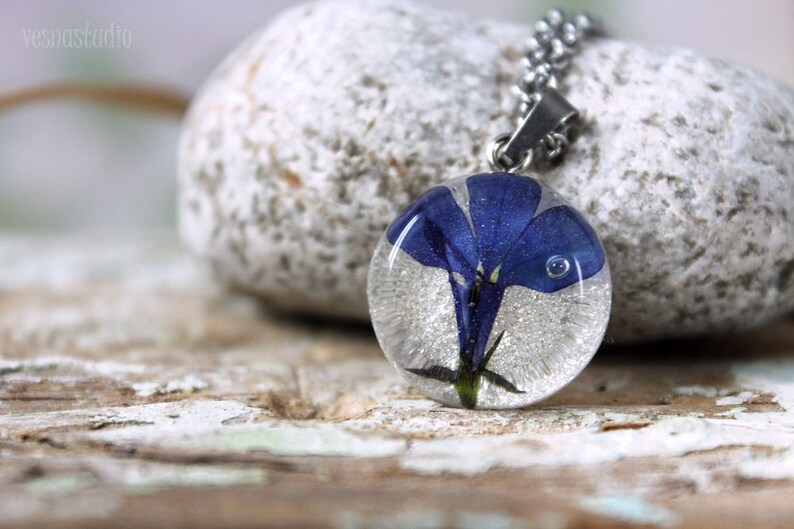 Blue resin necklace Silver necklace Modern nature necklace | Etsy