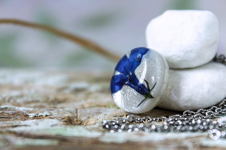 Blue resin necklace Silver necklace Modern nature necklace | Etsy