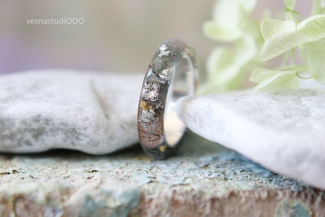 Silver Engagement Ring Black Resin Ring Romantic Gift for Her Crystal ...