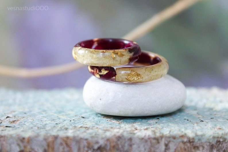 Red Rose RESIN RING Two Sided Ring Birch Bark Ring Floral | Etsy