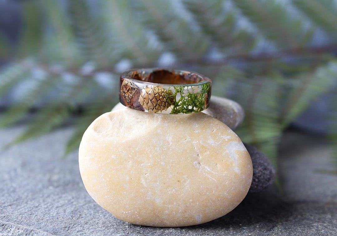 Handmade Pine Cone Nature Boho Ring With Real Forest Moss and Crystal ...