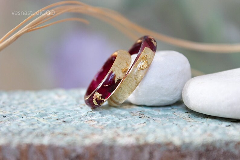 Red Rose RESIN RING Two Sided Ring Birch Bark Ring Floral | Etsy