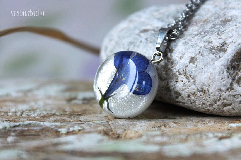 Blue resin necklace Silver necklace Modern nature necklace | Etsy