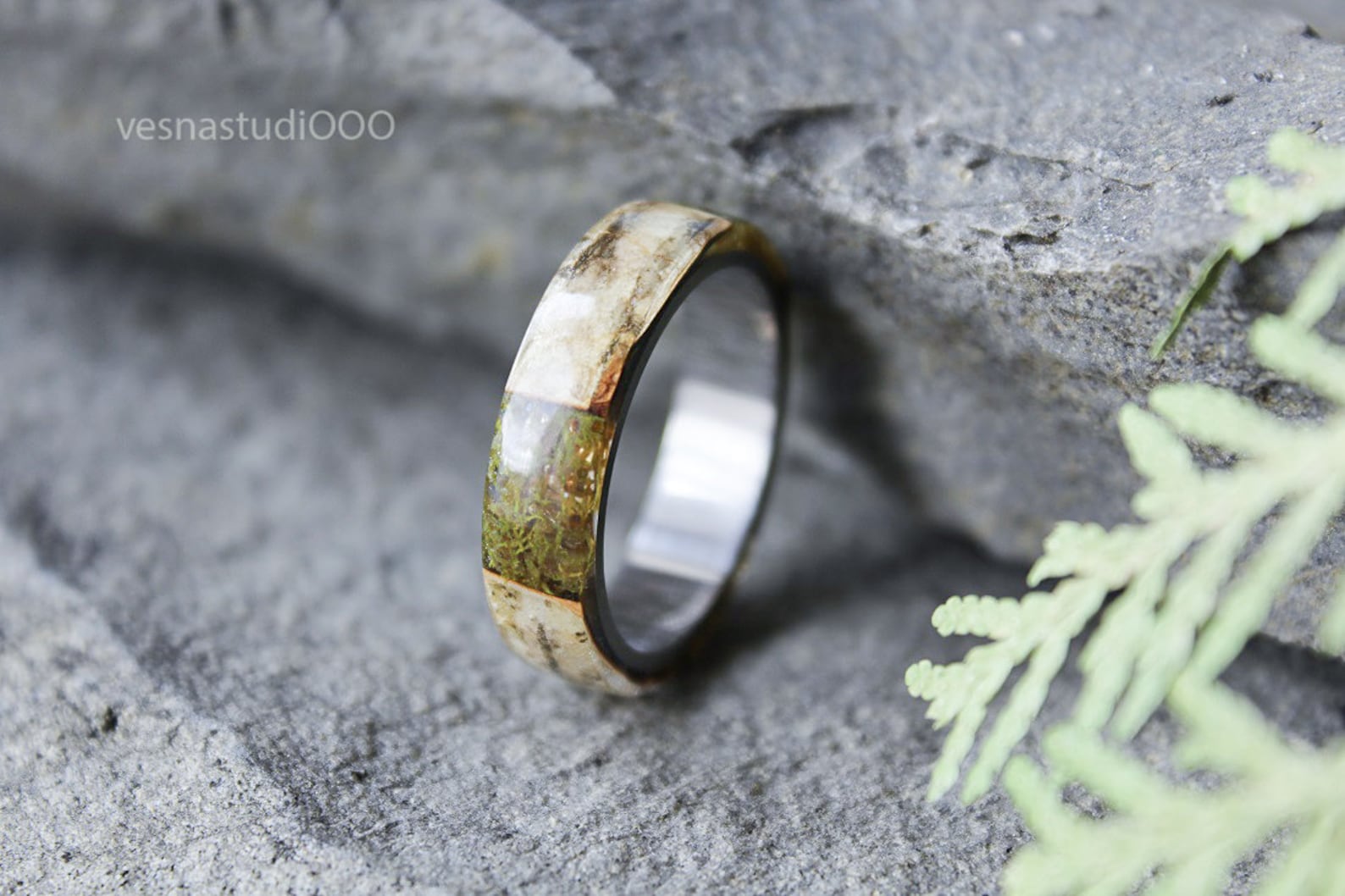 WOOD Mens Resin Ring REAL Moss Ring Wedding Wood Moss Ring Men Wooden ...