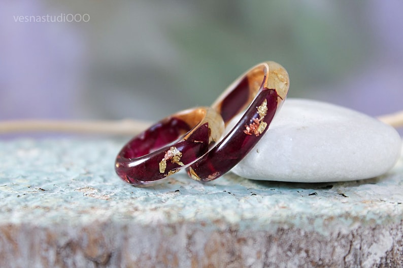 Red Rose RESIN RING Two sided ring Birch bark ring Floral | Etsy