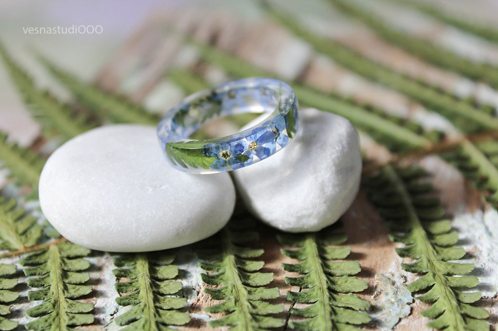 Blue Silver Resin Ring Forget Me Not Ring Fern Resin Ring Nature Resin ...
