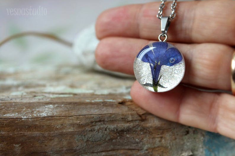 Blue resin necklace Silver necklace Modern nature necklace | Etsy