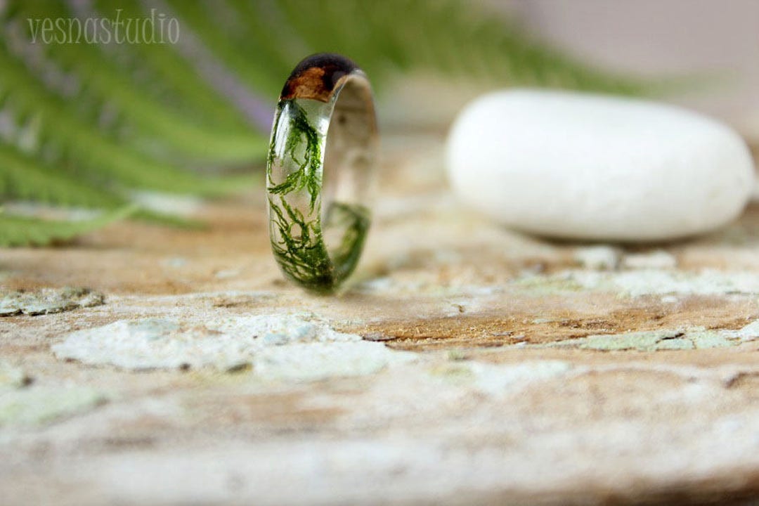REAL Moss Resin Ring Mens Ring Wooden Ring Birch Bark Ring Nature Resin ...