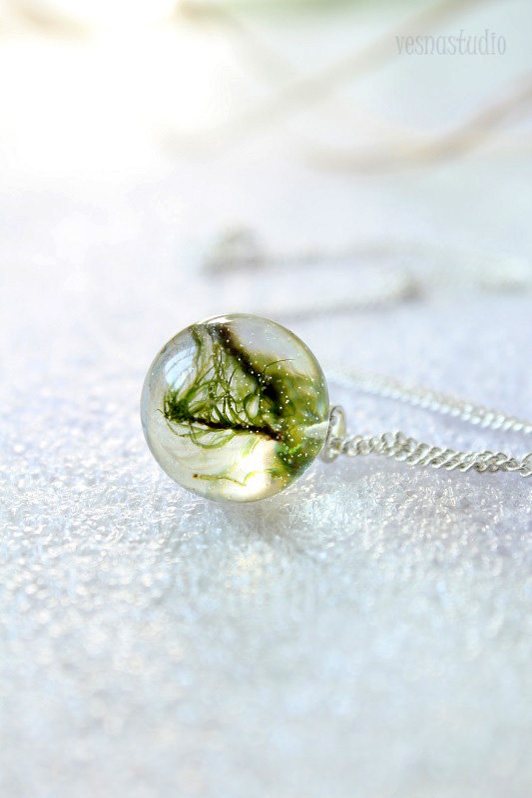 Real Moss Resin Necklace Sterling Silver 925 Necklace Green Moss Sphere ...