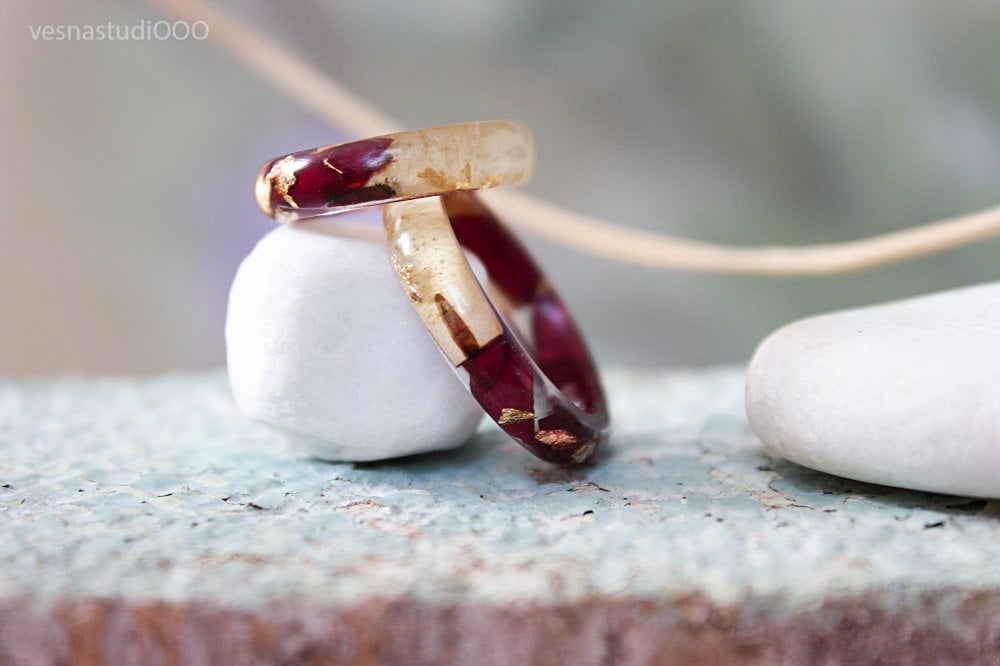 Red Rose RESIN RING Two sided ring Birch bark ring Floral | Etsy