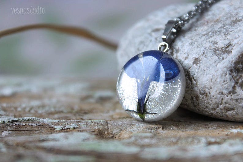 Blue resin necklace Silver necklace Modern nature necklace | Etsy