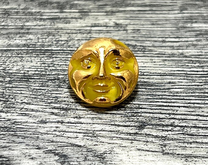Czech Glass Statement Button, Yellow and Gold Moon Face, Glass Shank ...