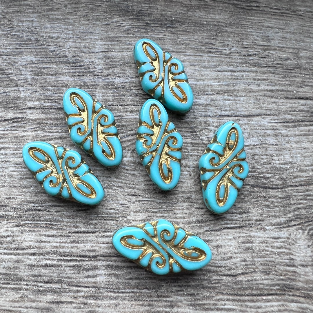 Czech Glass Beads - Arabesque Bead - Turquoise Gold Wash - 19x10mm - 6 ...