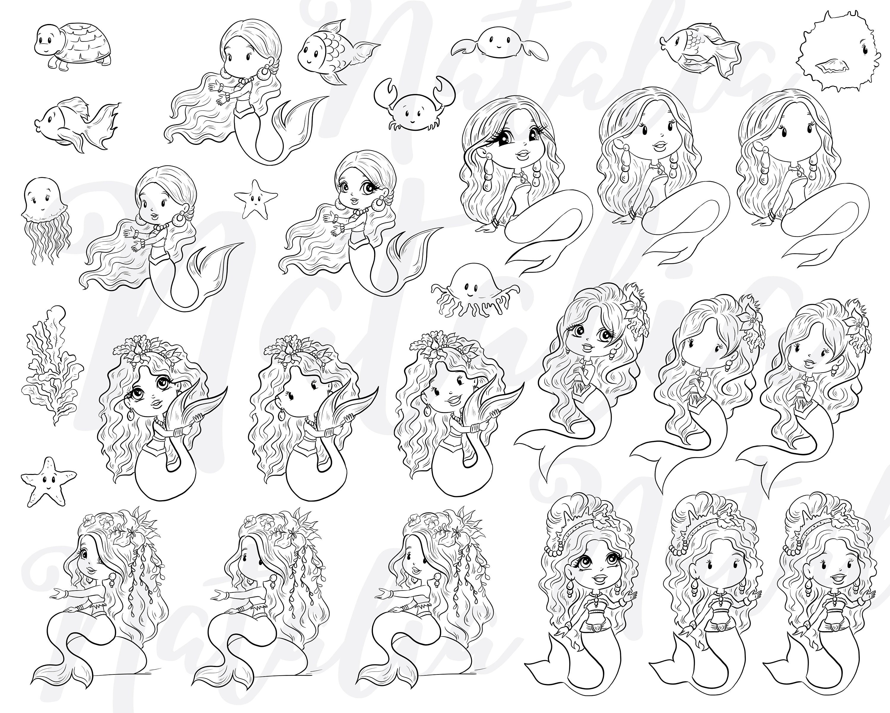 New Mermaids Digital Stamps Set, Mermaid Clipart, PNG, JPG Printable ...