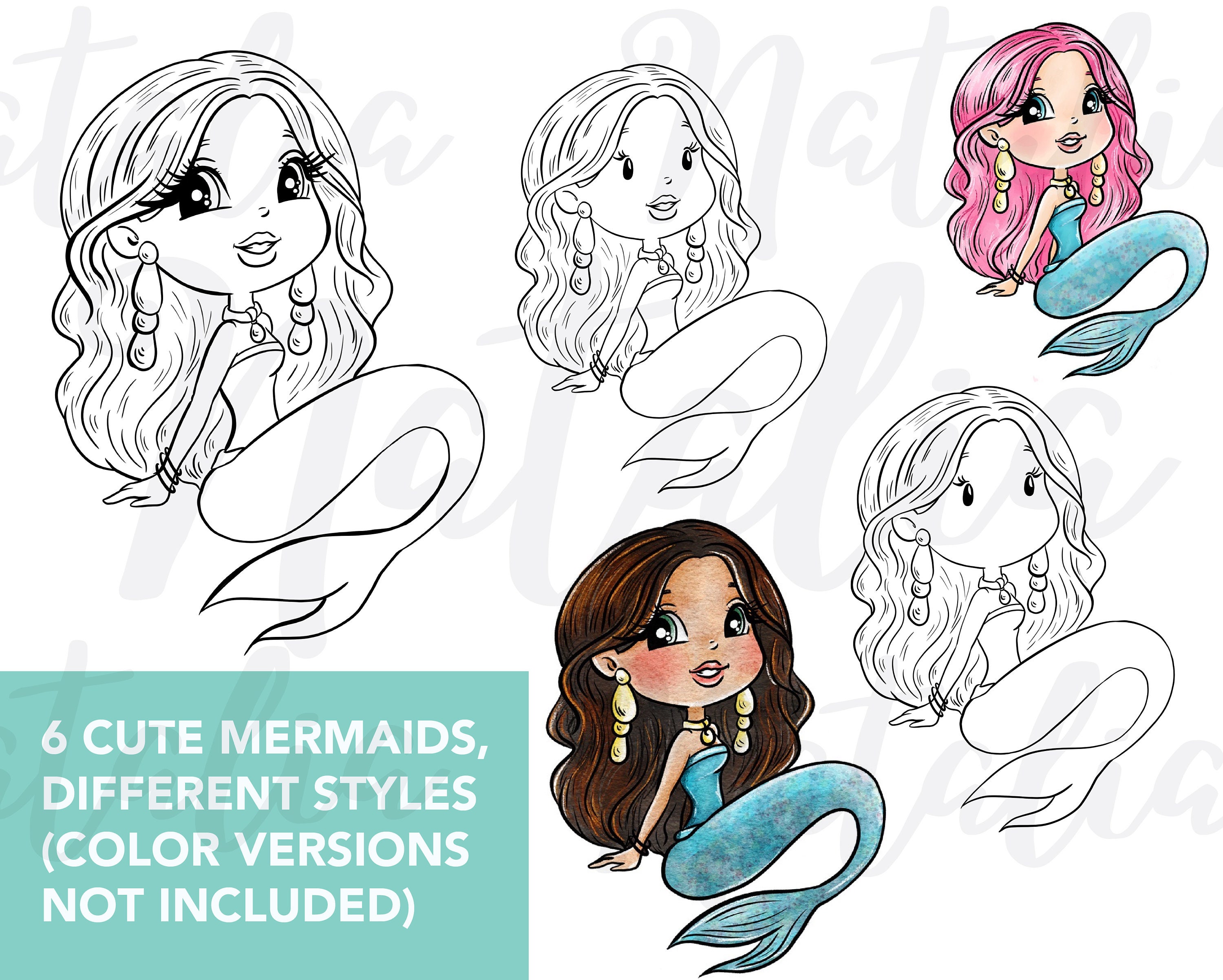 New Mermaids Digital Stamps Set, Mermaid Clipart, PNG, JPG Printable ...