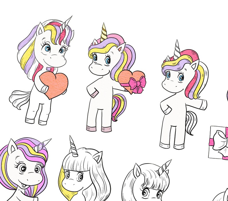 Unicorn Digital Stamps Set, Cute Unicorn Clipart for Coloring ...