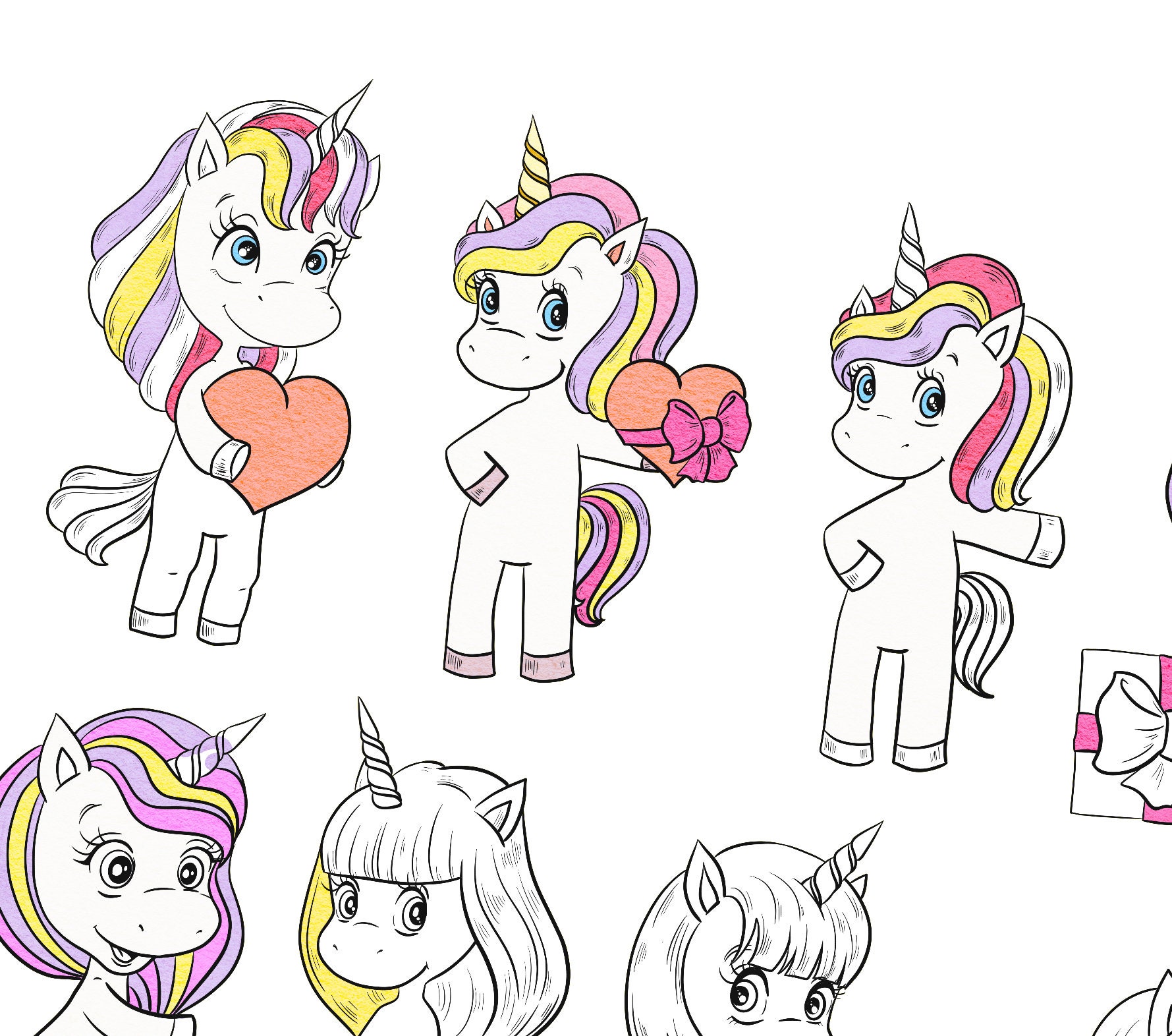 Unicorn Digital Stamps Set, Cute Unicorn Clipart for Coloring ...