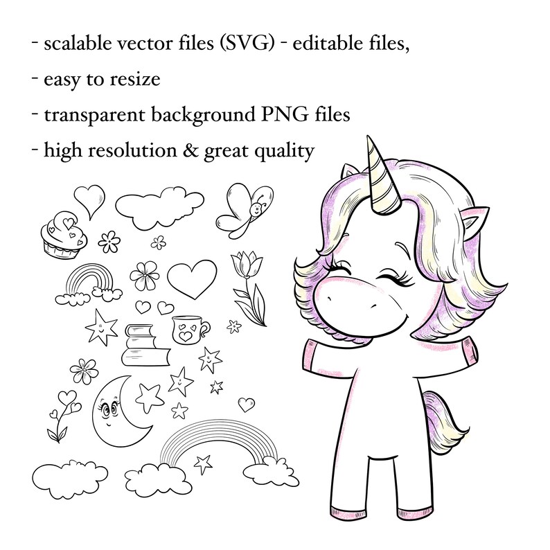 Unicorn Digital Stamps Set, Cute Unicorn Clipart for Coloring ...