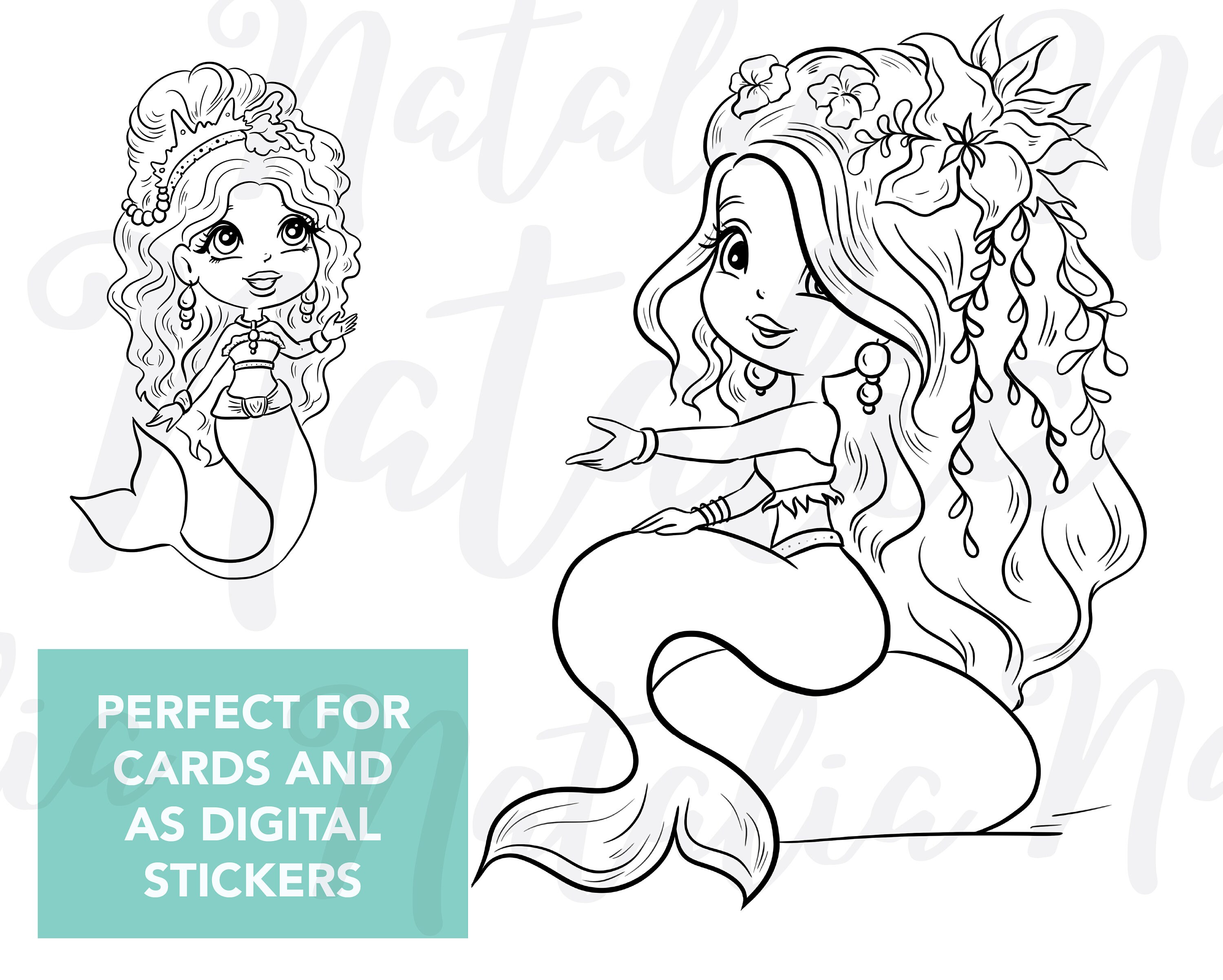 New Mermaids Digital Stamps Set, Mermaid Clipart, PNG, JPG Printable ...